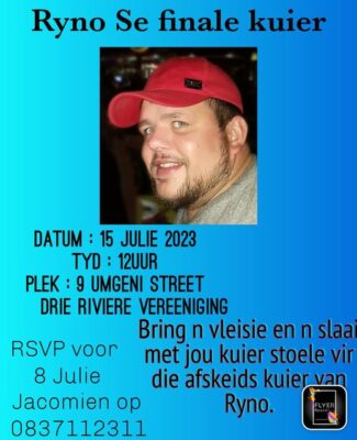 Groot vriendekring beplan afskeidskuier vir wyle Ryno | Vaalweekblad