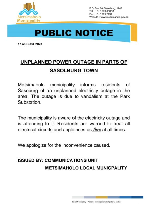 Unplanned power outage in parts of Sasolburg | Vaalweekblad
