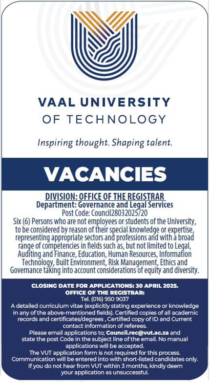 Vacancies for experts at Vaal University of Technology - Closing date ...