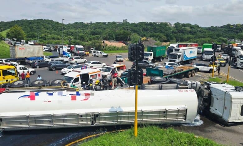 WATCH | Four injured after tanker overturns on M7, diesel spill sparks ...