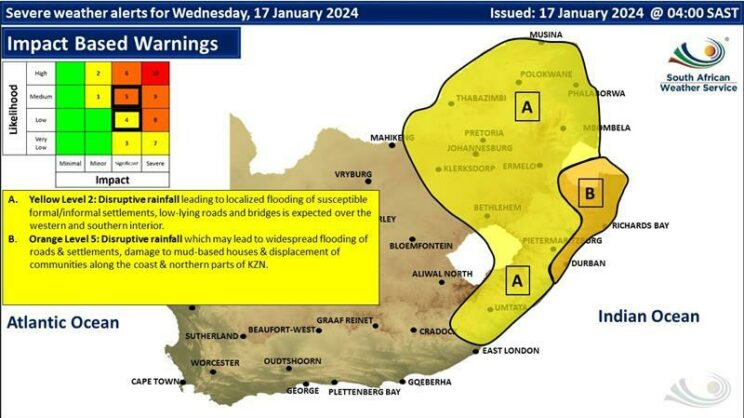 SA Weather Service issues Yellow Level 2 warning for Gauteng