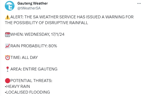 SA Weather Service issues Yellow Level 2 warning for Gauteng