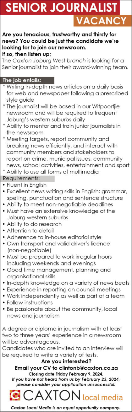 Senior journalist position available at the News | Krugersdorp News