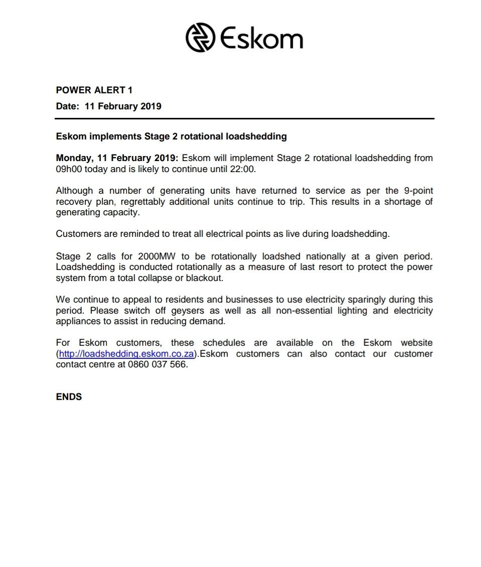 Eskom implements stage 2 loadshedding for today | Roodepoort Record