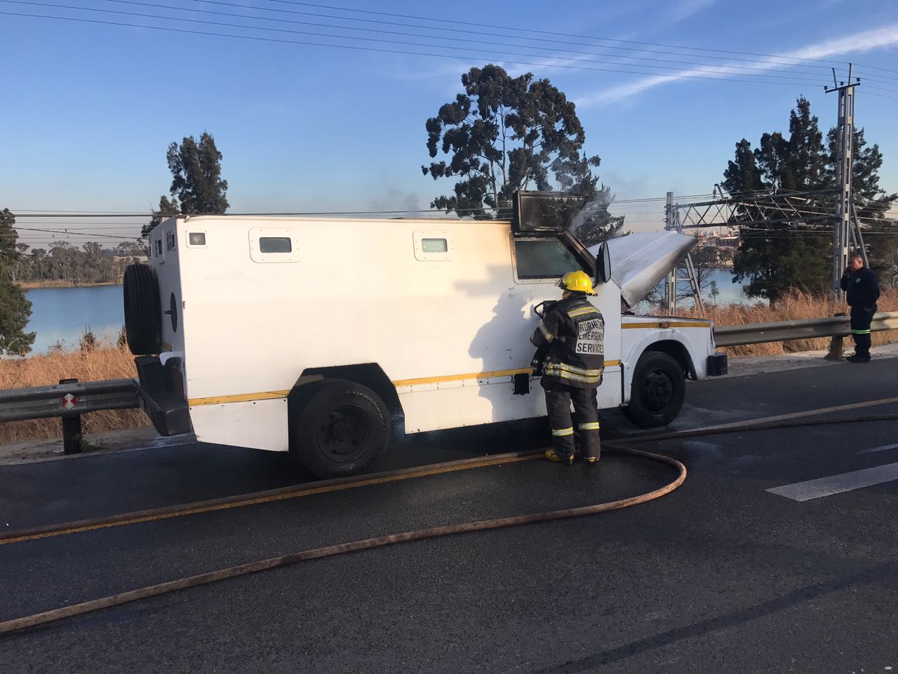 Three hurt as cash-in-transit vehicle catches alight on N12 near Tom ...