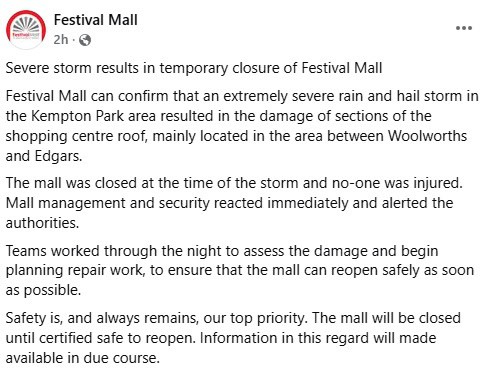Roof damage prompts emergency closure of Festival Mall | Kempton Express