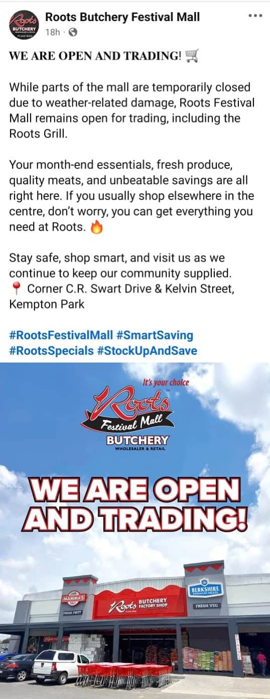 Roots Butchery Festival Mall confirms it remains open | Kempton Express