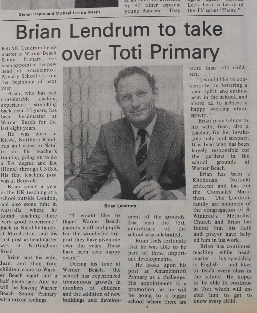 In the SUN 40 years ago: Brian Lendrum appointed head of Toti Primary ...