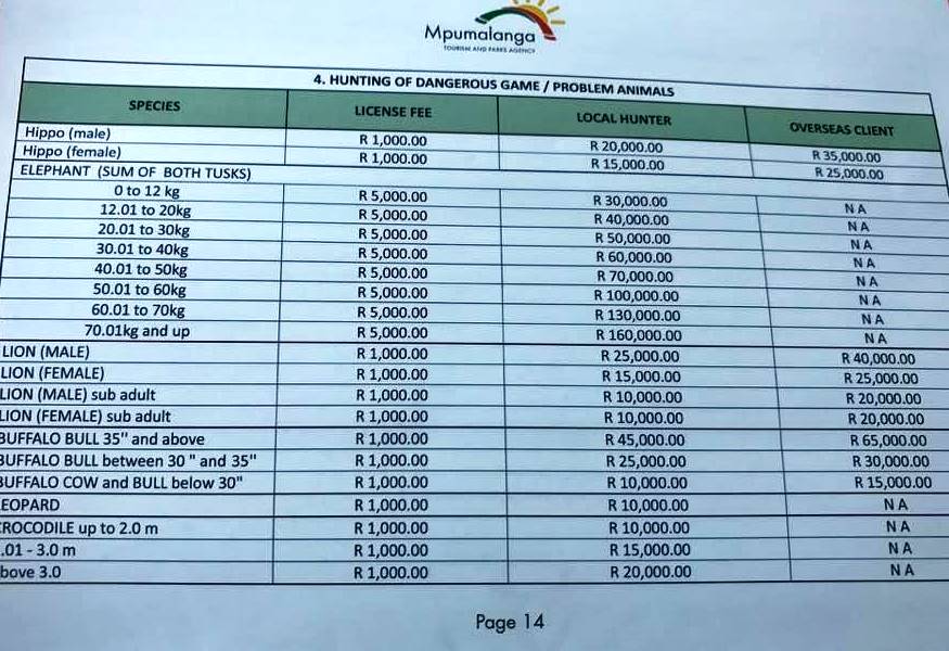 Tariff sheet for hunting members of the Big Five explained | Lowvelder