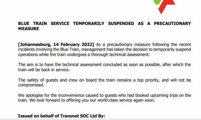 Transnet suspends Blue Train following persisting issues | Rekord