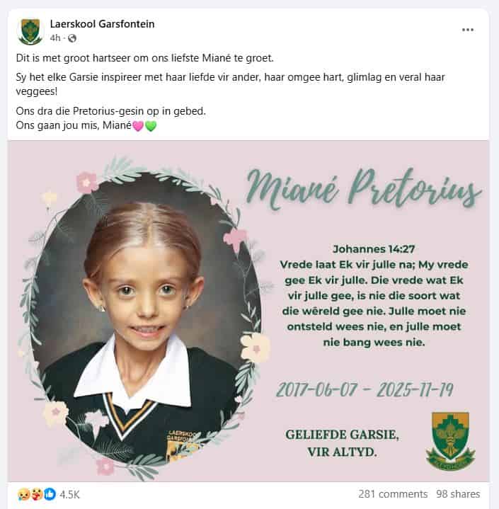 Seven-year-old Miané Pretorius dies after brave battle with rare immune disease | Rekord